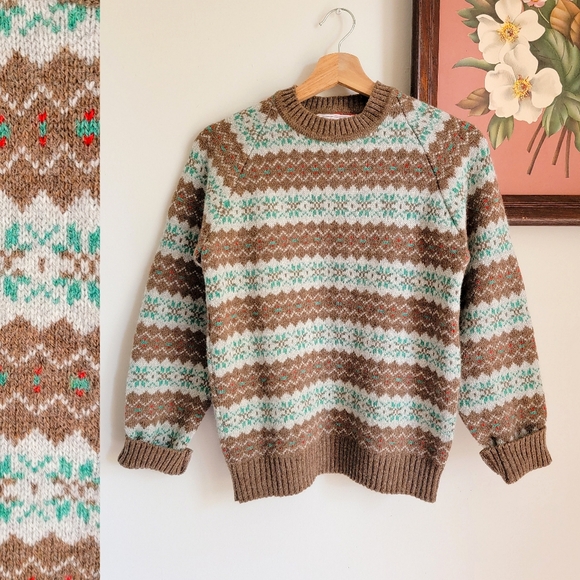 Vintage | Sweaters | 7s Wool Fair Isle Knit Crew Neck 970s Vintage Cozy ...